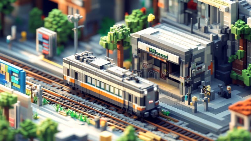 Pixel Art City Train Station Scene Stock Illustration - Illustration of ...