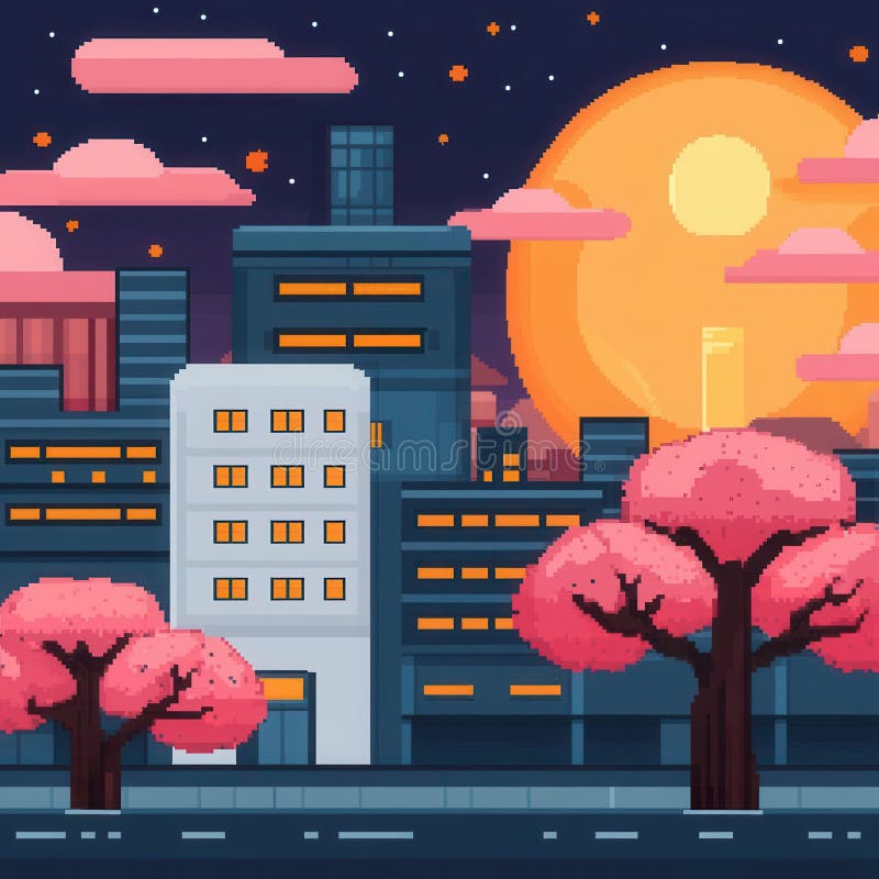 Pixel Art Cityscape at Night with Full Moon and Cherry Blossom Trees ...