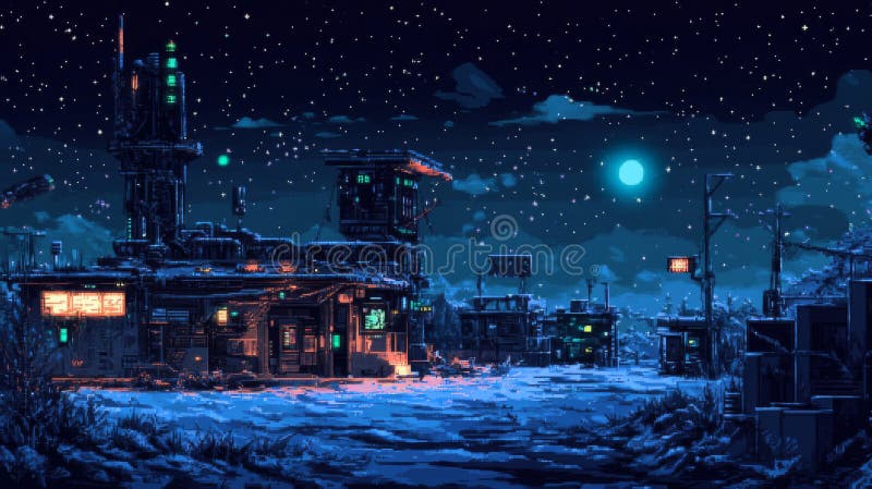 Pixel Art Cityscape at Night with Starry Sky Snow and Moonlight Winter ...