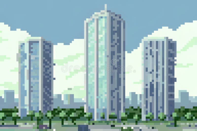 Pixel Art Cityscape with Skyscrapers and Blue Sky Stock Illustration ...