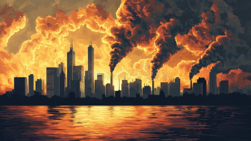 Pixel Art Cityscape at Sunset with Heavy Air Pollution Stock ...