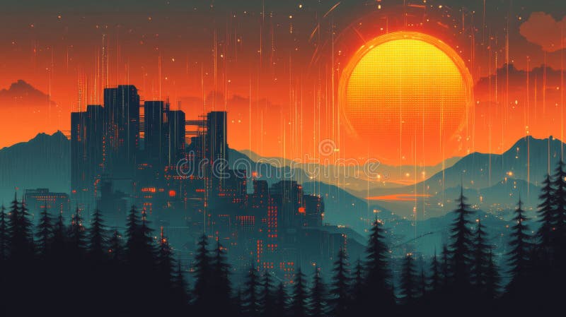 Pixel Art Cityscape at Sunset with Mountains Stock Illustration - Illustration of twilight ...