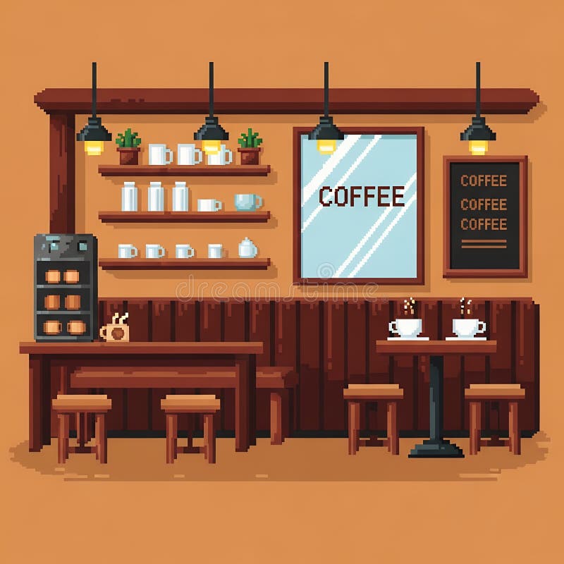 Pixel Art Coffee Shop Interior with Tables, Stools, and Coffee Cups ...