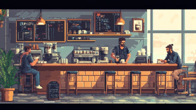 Pixel Art Coffee Shop Scene Stock Illustration - Illustration of ...