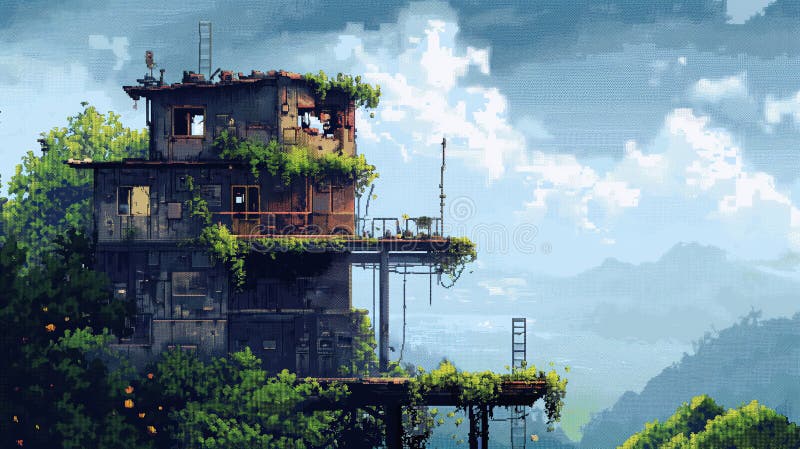 Pixel Art Composition Showcasing a Rustic House Perched Atop a Platform ...