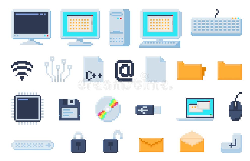 Pixel Art Computer Icons. Tech Devices, Pixelated Computer Keyboard and ...