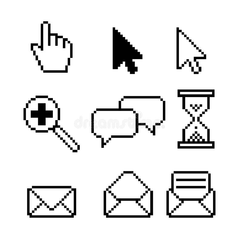 Pixel Art Set, Black and White 8-bit Icons for Website or Mobile User ...