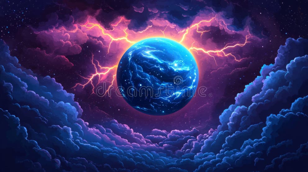 Pixel Art Cosmic Planet with Lightning Storm Stock Illustration ...
