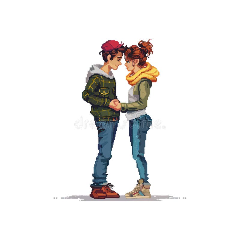 Pixel Art Couple Holding Hands in Casual Outfits. Vector Icon Design ...