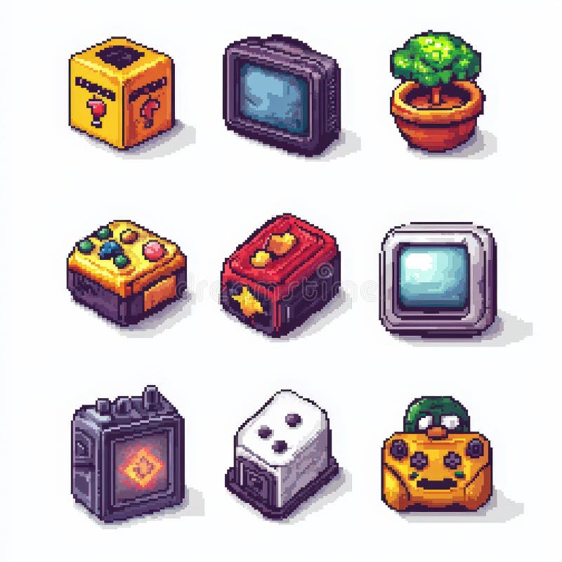 Pixel Art Cubes and Gadgets with Retro Aesthetics Stock Illustration ...