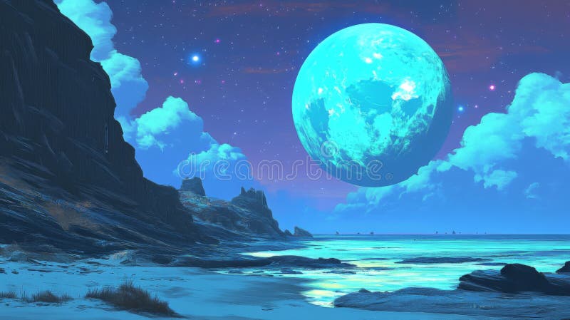 Pixel Art Cyan Moonlit Beachscape Stock Illustration - Illustration of ...