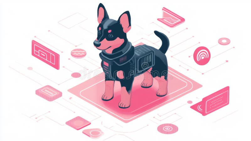 Pixel Art Cyber Dog in Isometric View with Pink and Blue Technology ...
