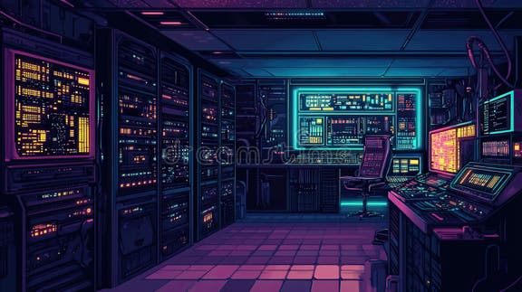 Pixel Art Cyberpunk Server Room at Night Stock Illustration ...