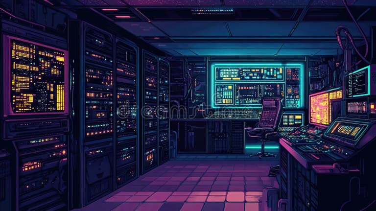 Pixel Art Cyberpunk Server Room at Night Stock Illustration ...