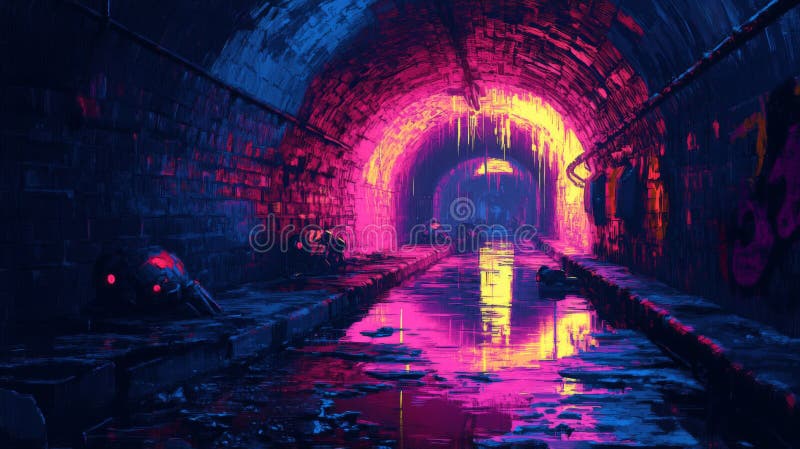 Pixel Art Cyberpunk Tunnel with Neon Pink and Blue Lighting Stock ...