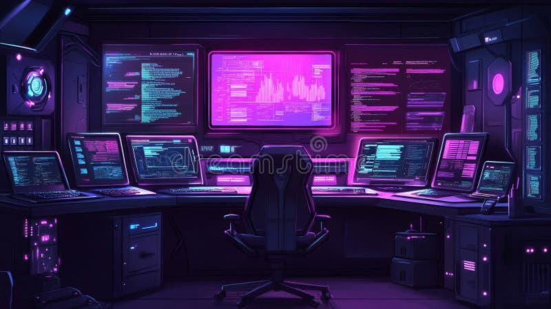 Pixel Art Cyberpunk Workstation Neon Lights Dark Room Stock ...