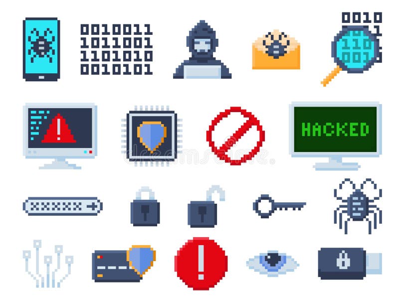 Pixel Art Cybersecurity Icons. Pixelated Computer Virus, Cyber Hacker ...