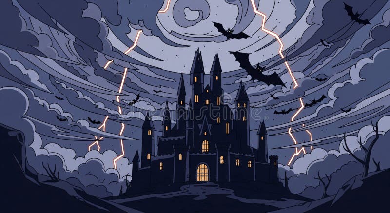 Pixel Art of Dark Castle with Bats Lightning and Cloudy Sky at Night ...