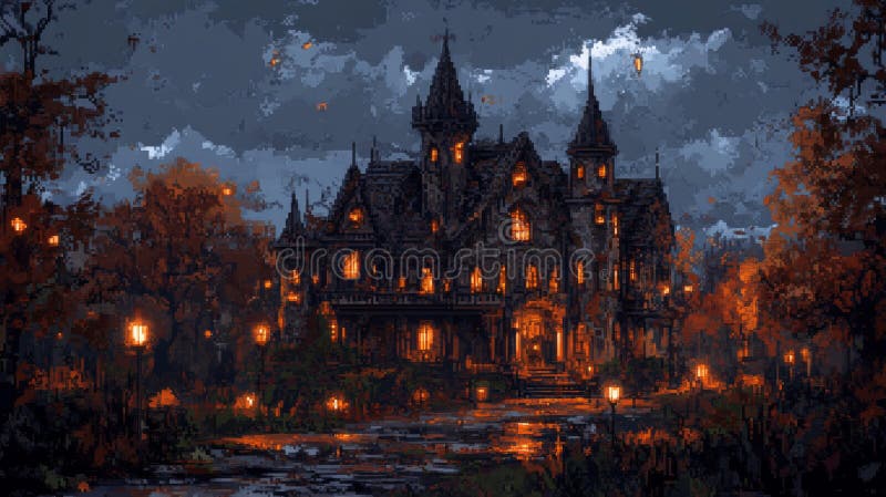 Pixel Art of Dark Gothic Castle Under Cloudy Night Sky with Orange ...
