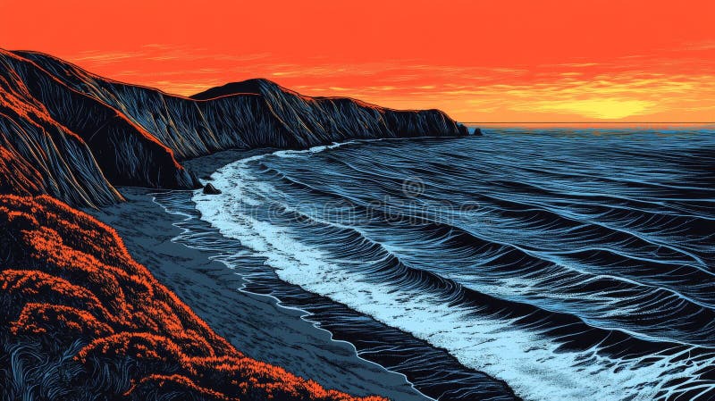 Pixel Art Depiction of Dramatic Cliffs and Ocean Waves during Sunset ...