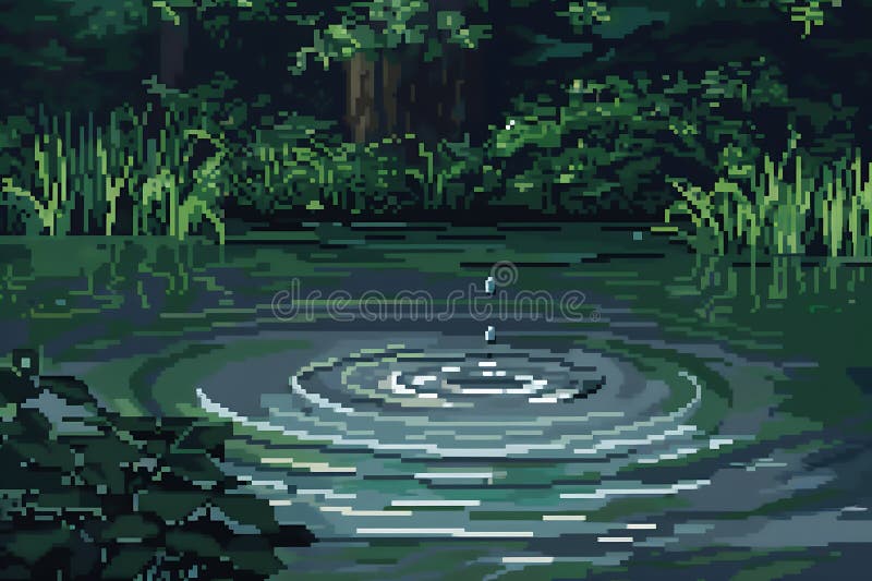 Pixel Art Rain Drop Pond Serene Nature Forest Scene Stock Illustration ...