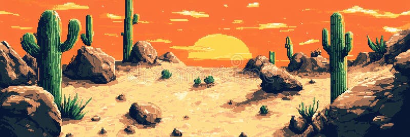 Pixel Art Desert Landscape with Cacti and Rocky Terrain at Sunset Stock ...