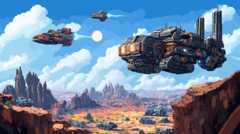 Pixel Art Desert Landscape with Flying Vehicles Under Cloudy Blue Sky ...