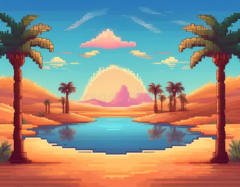 Pixel Art Desert Oasis Design Stock Image - Image of artistic, vibrant ...