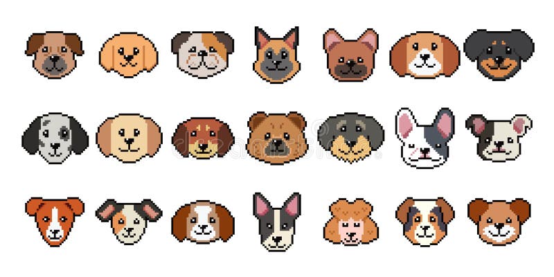 Pixel Art Different Type of Dog Faces Vector in Retro Style Stock ...