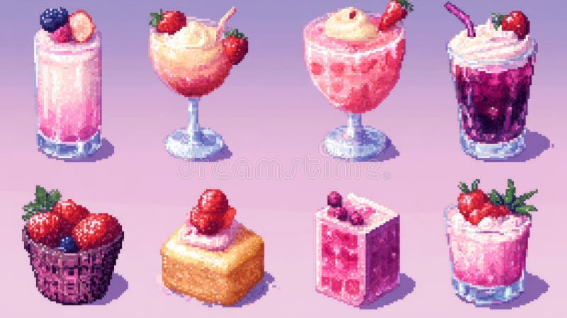 Pixel Art Display of Eight Assorted Strawberry and Berry Desserts on ...
