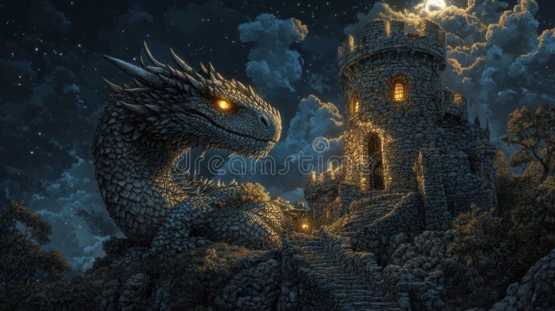 Pixel Art Dragon and Stone Castle at Night Stock Illustration ...