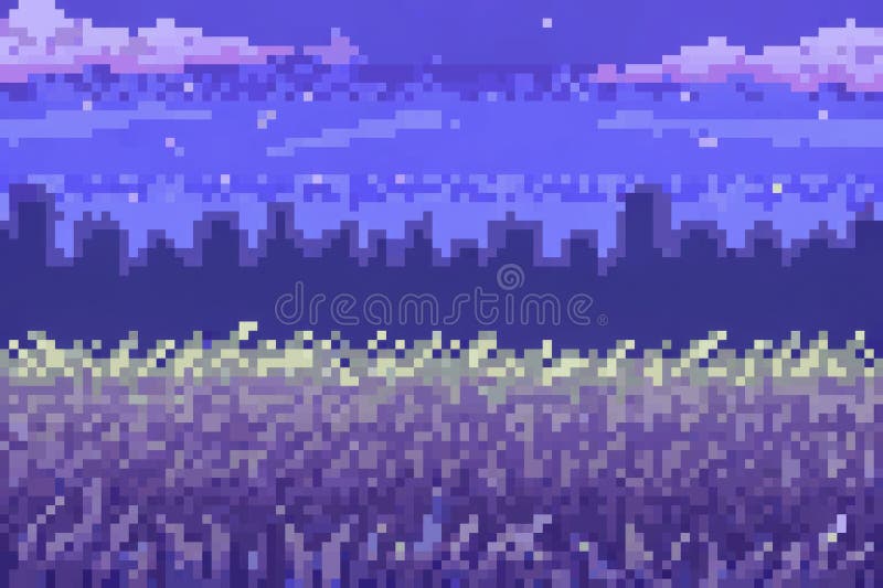 Pixel Art Evening Cityscape with Sky and Grassy Field Stock ...