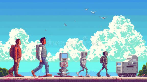 Pixel Art Evolution of Humans and Robots in Sci-fi Setting Stock Image ...