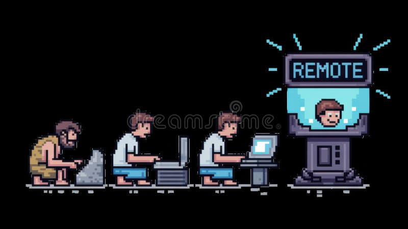 Pixel Art Office Evolution Showing Remote Working Progressing through ...
