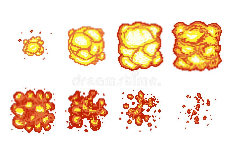 Pixel Art Explosions. Game Icons Set. Comic Boom Flame Effects for ...