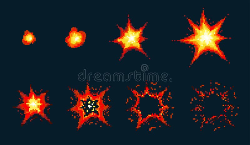 Pixel Art Explosion. Game Icons Set. Comic Boom Flame Effects for Emotion. Yellow Flames Stock ...