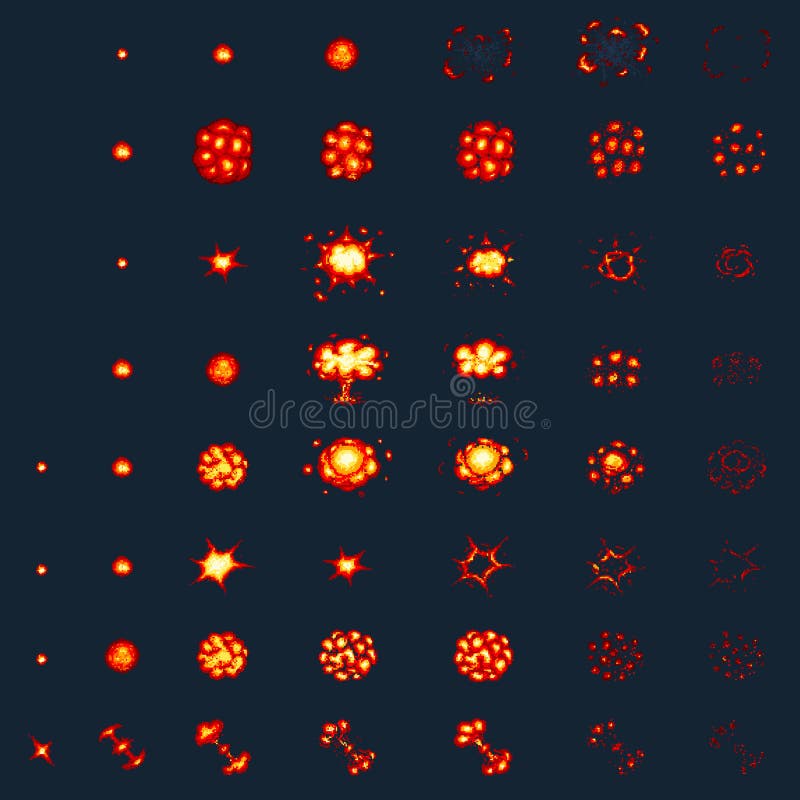 Pixel Art Explosions. Game Icons Set. Comic Boom Flame Effects for ...