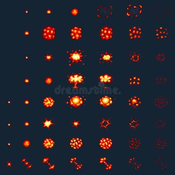Pixel Art Explosions. Game Icons Set. Comic Boom Flame Effects for ...