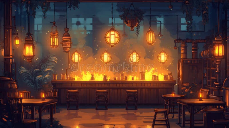 Pixel Art Fantasy Bar at Night with Warm Lighting Stock Illustration ...