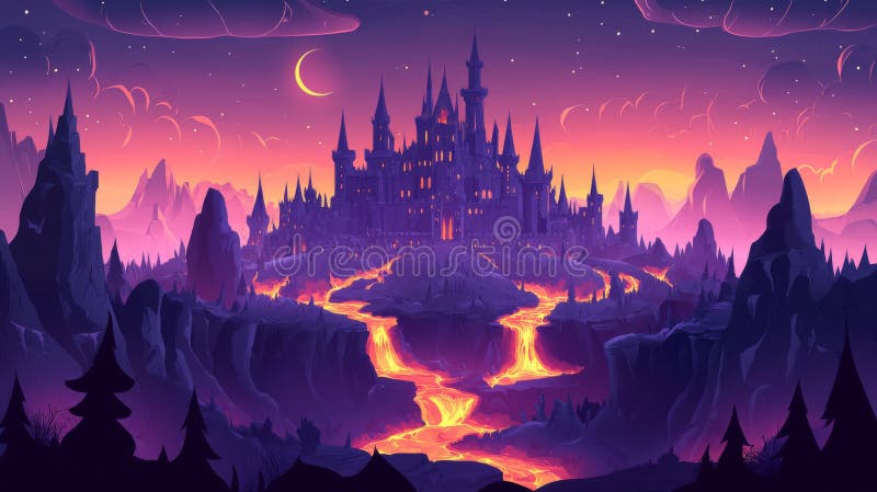 Pixel Art Fantasy Castle Lava Landscape at Night Stock Illustration ...