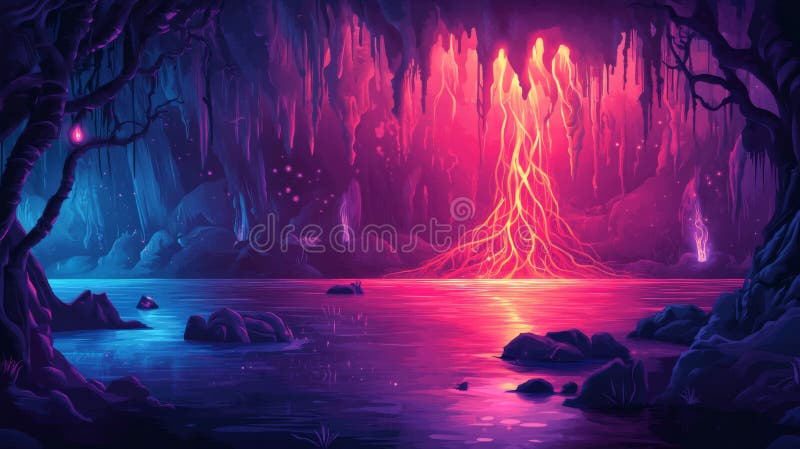 Pixel Art Fantasy Cave with Glowing Lava and Water Stock Illustration ...