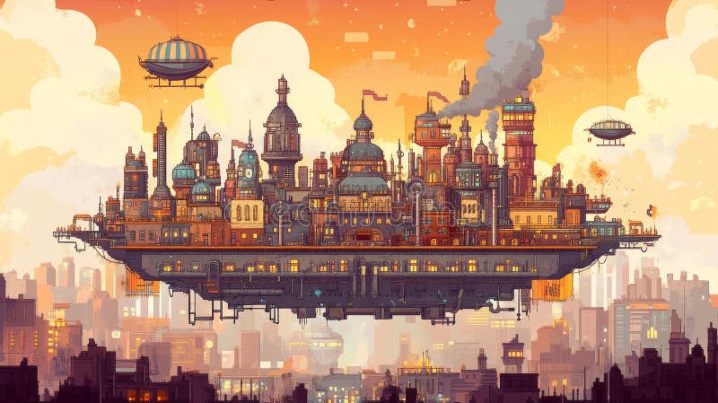 Pixel Art Fantasy City Floating Above Sunset Clouds Stock Illustration ...