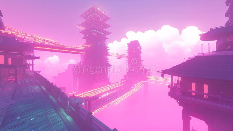 Pixel Art Fantasy Cityscape with Glowing Pink Sky Stock Illustration ...