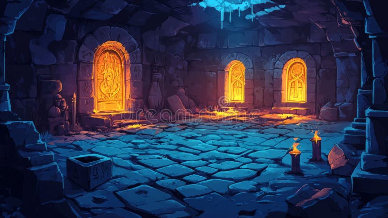 Pixel Art Fantasy Dungeon: Blue and Orange Glowing Doors Stock ...