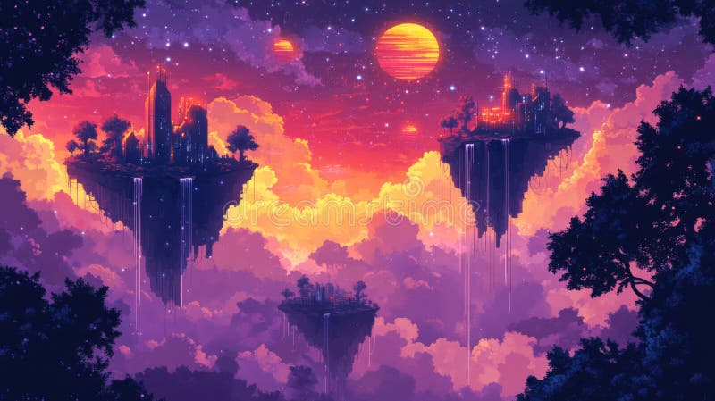 Pixel Art Fantasy Landscape with Floating Islands and Sunset Stock ...