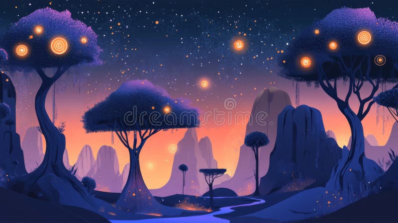 Pixel Art Fantasy Night Landscape with Glowing Trees Stock Illustration ...