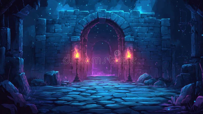 Pixel Art Fantasy Stone Archway at Night Stock Illustration ...