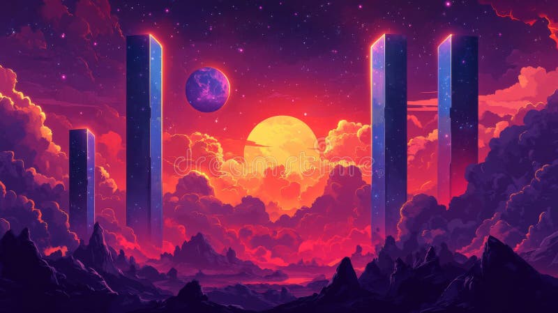 Pixel Art Fantasy Sunset Landscape with Glowing Skyscrapers Stock ...