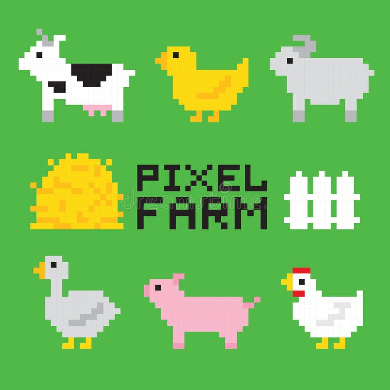 Pixel Art Farm Animals Isolated Vector Set Stock Vector - Illustration ...
