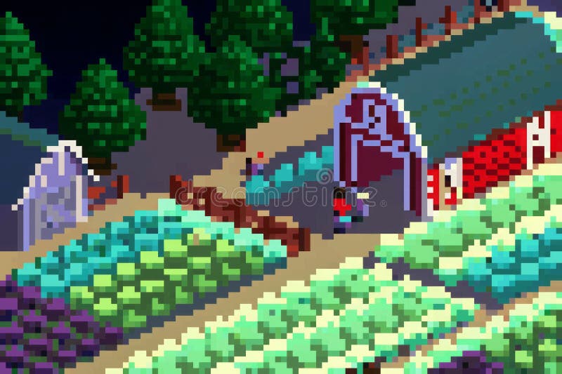 Pixel Art Farm Scene with Barns and Crops Stock Illustration ...